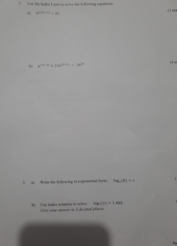 Solved 2. Use the Index Laws to solve the following | Chegg.com
