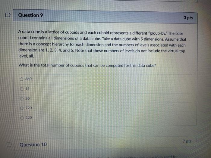 Solved Question 9 3 pts A data cube is a lattice of cuboids | Chegg.com