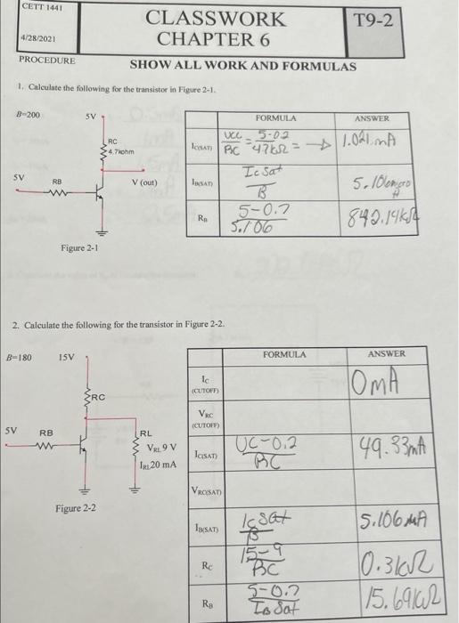 Solved 1. Calculate the following for the transistor in | Chegg.com
