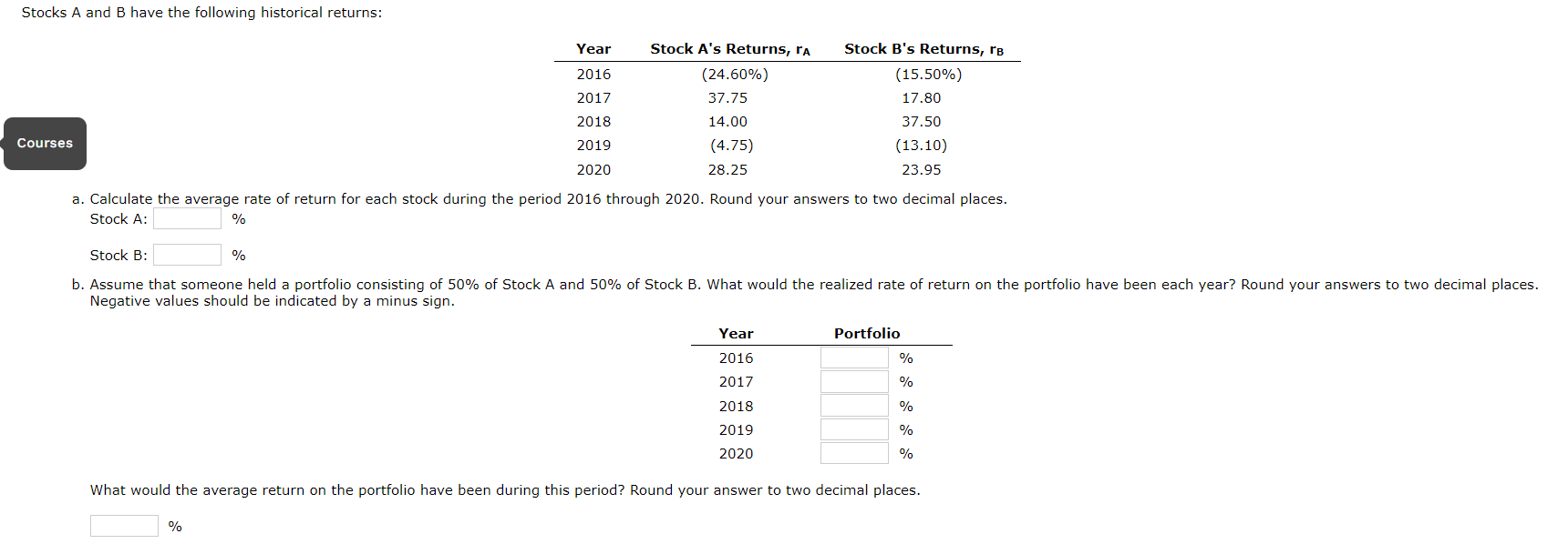 Solved Stocks \( ﻿A \) ﻿and \( ﻿B \) ﻿have the following | Chegg.com