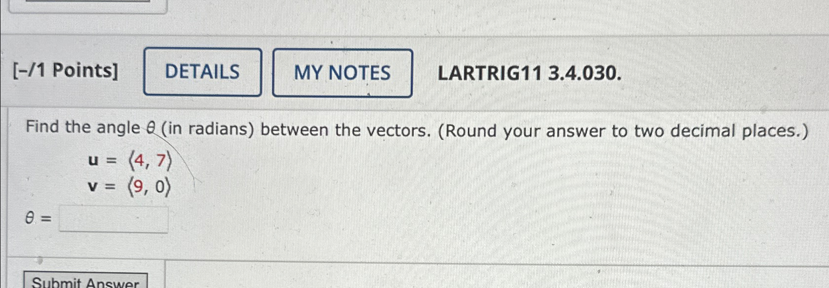Solved [-/1 ﻿Points]LARTRIG11 3.4.030.Find the angle θ (in | Chegg.com