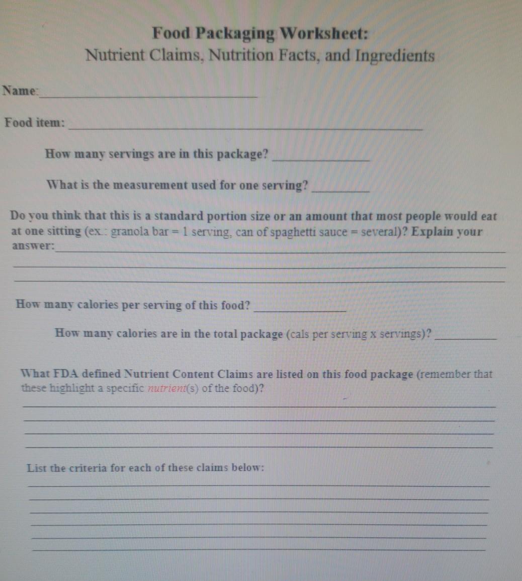 Food Packaging Worksheet: Nutrient Claims, Nutrition | Chegg.com