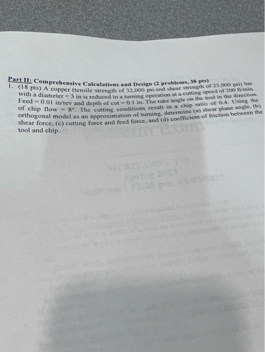 Solved Part II: Comprehensive Calculations and Design (2 | Chegg.com