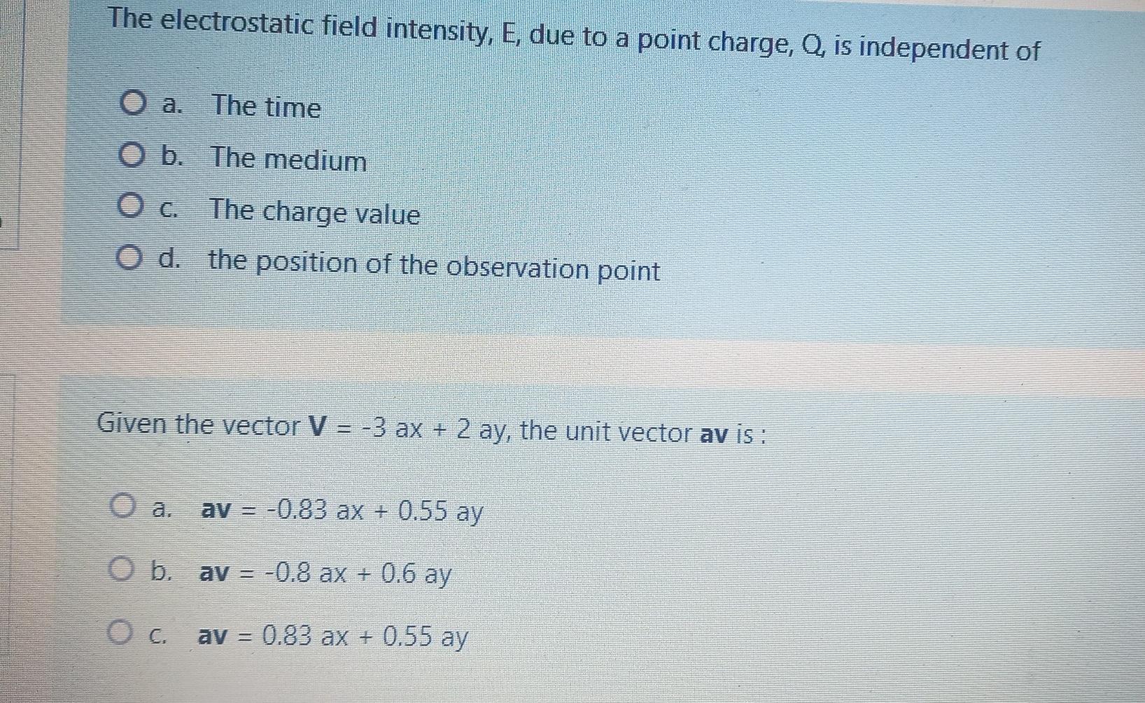 Solved The electrostatic field intensity, E, due to a point | Chegg.com