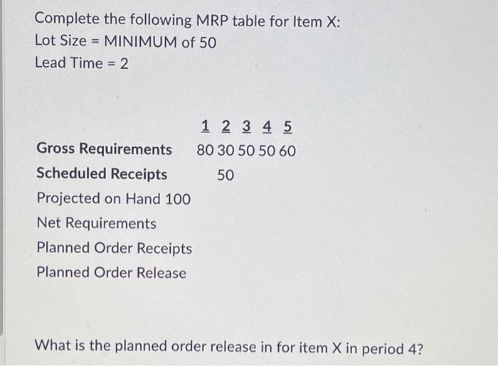 Solved Complete the following MRP table for Item X: Lot Size | Chegg.com