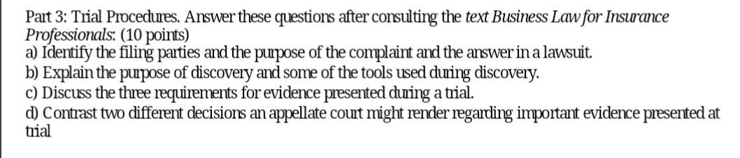 Part 3: Trial Procedures. Answer these questions | Chegg.com