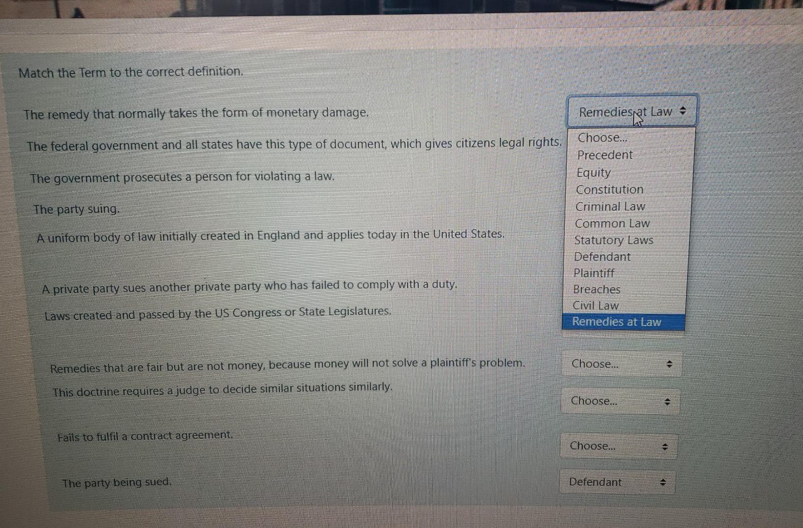 Solved Match the Term to the correct definition. The remedy | Chegg.com