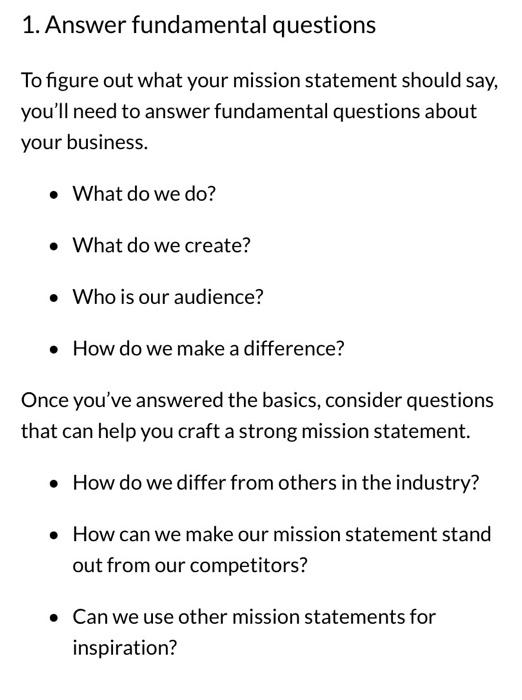 Solved A mission statement explains your company’s purpose. | Chegg.com