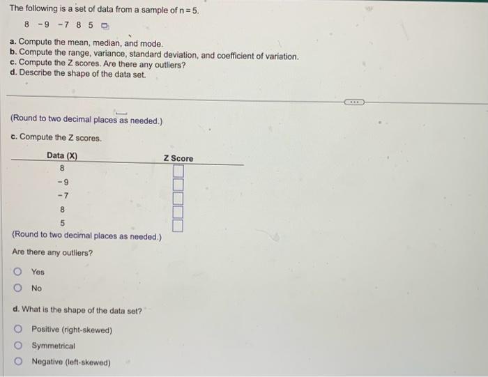 Solved The following is a set of data from a sample of n=5. | Chegg.com