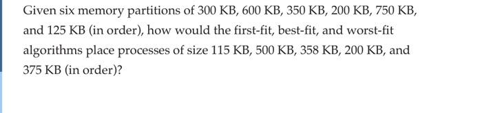 Solved Given six memory partitions of 300 KB, 600 KB, 350 | Chegg.com