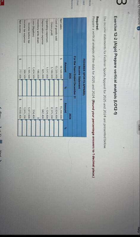 Solved Exercise 12-2 (Algo) ﻿Prepare vertical analysis | Chegg.com