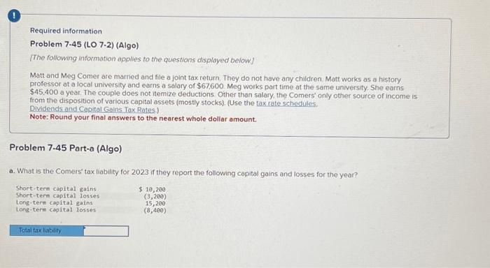 Solved Required information Problem 7.45 (LO 7-2) (Algo) | Chegg.com