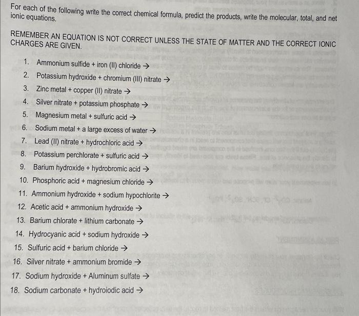 Solved For each of the following write the correct chemical | Chegg.com