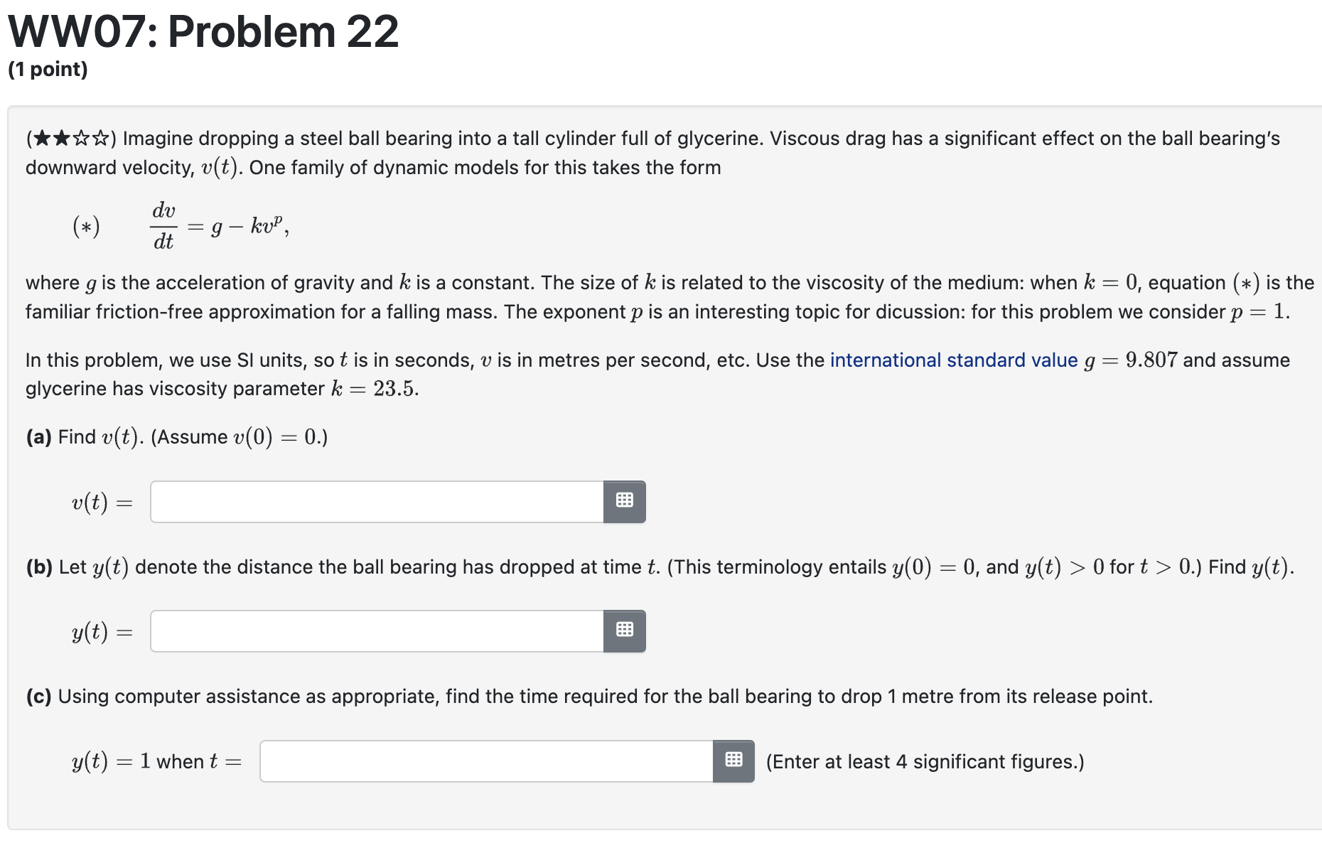 Solved WW07: Problem 22(1 ﻿point)downward velocity, v(t). | Chegg.com