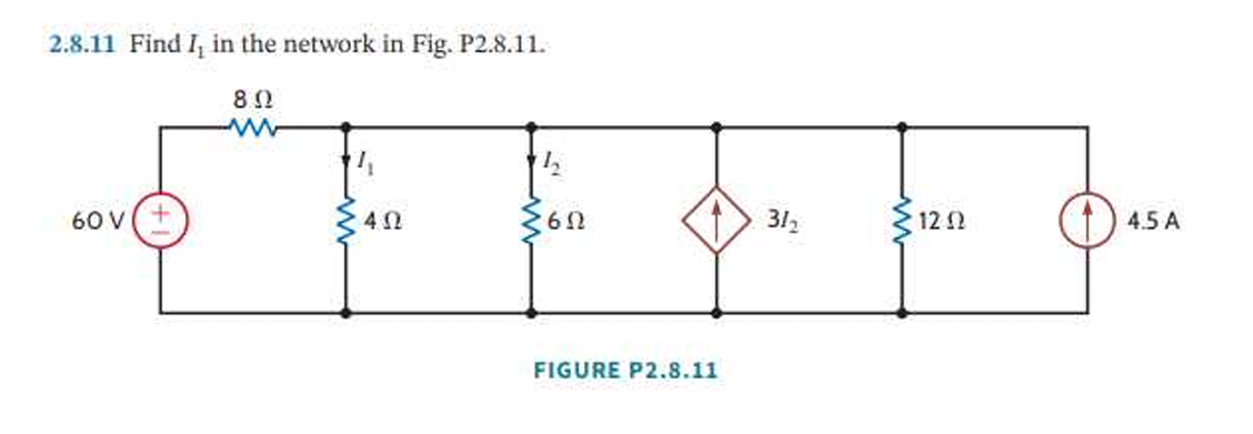 Solved 2.8.11 ﻿Find I1 ﻿in the network in Fig. | Chegg.com