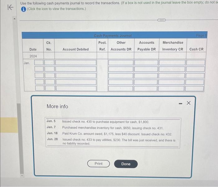 Solved Use the following cash payments journal to record the | Chegg.com