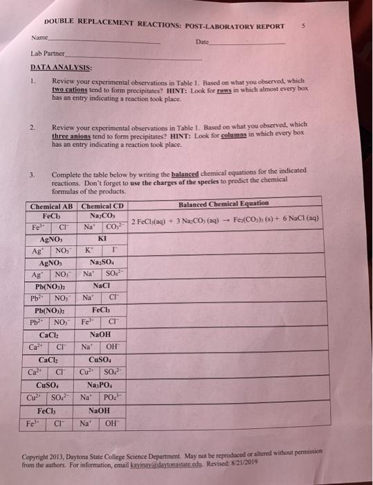 Solved DOUBLE REPLACEMENT REACTIONS: POST-LABORATORY REPORT | Chegg.com