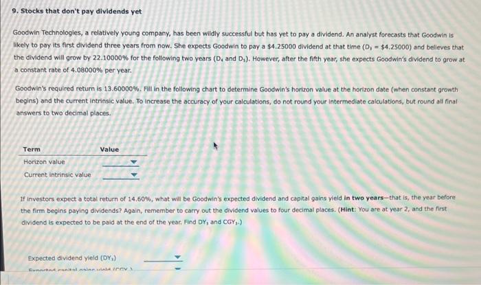 Solved 9. Stocks that don't pay dividends yet Goodwin | Chegg.com