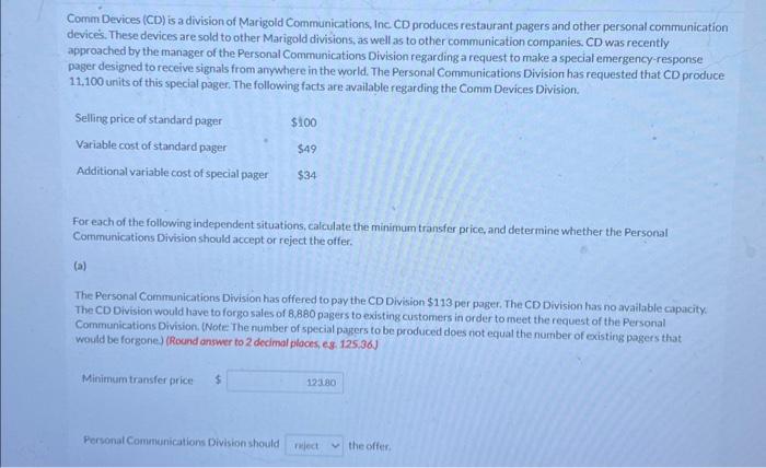 Solved Comm Devices (CD) is a division of Marigoid | Chegg.com