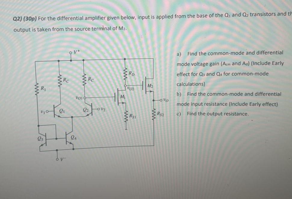 Solved Q2) (30p) ﻿For the differential amplifier given | Chegg.com