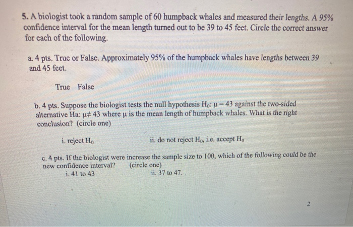 5. A biologist took a random sample of 60 humpback | Chegg.com
