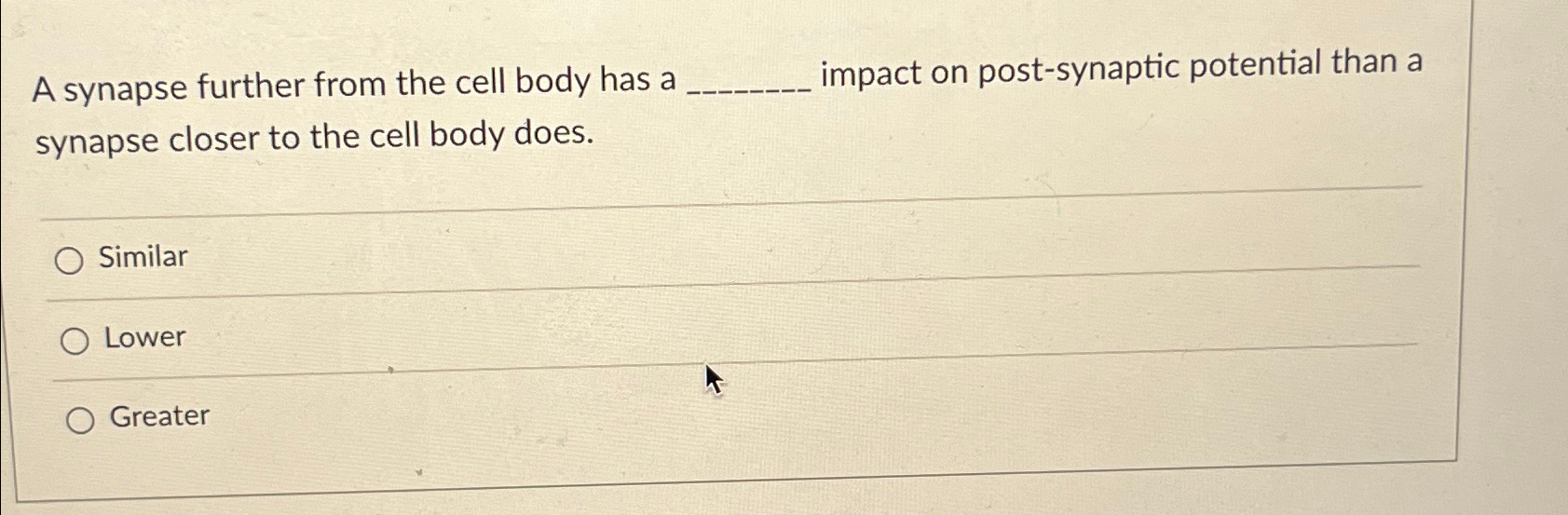 Solved A synapse further from the cell body has a impact on | Chegg.com