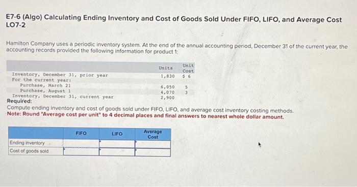 Solved E7-6 (Algo) Calculating Ending Inventory and Cost of | Chegg.com