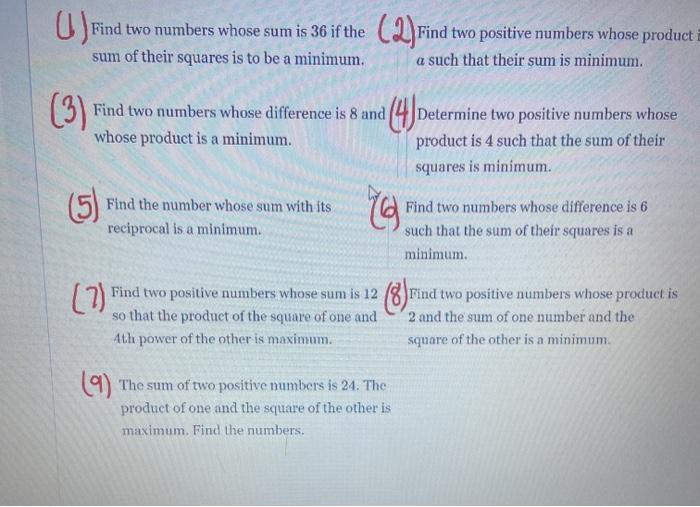 Solved () Fin Find two numbers whose sum is 36 if the sum of | Chegg.com