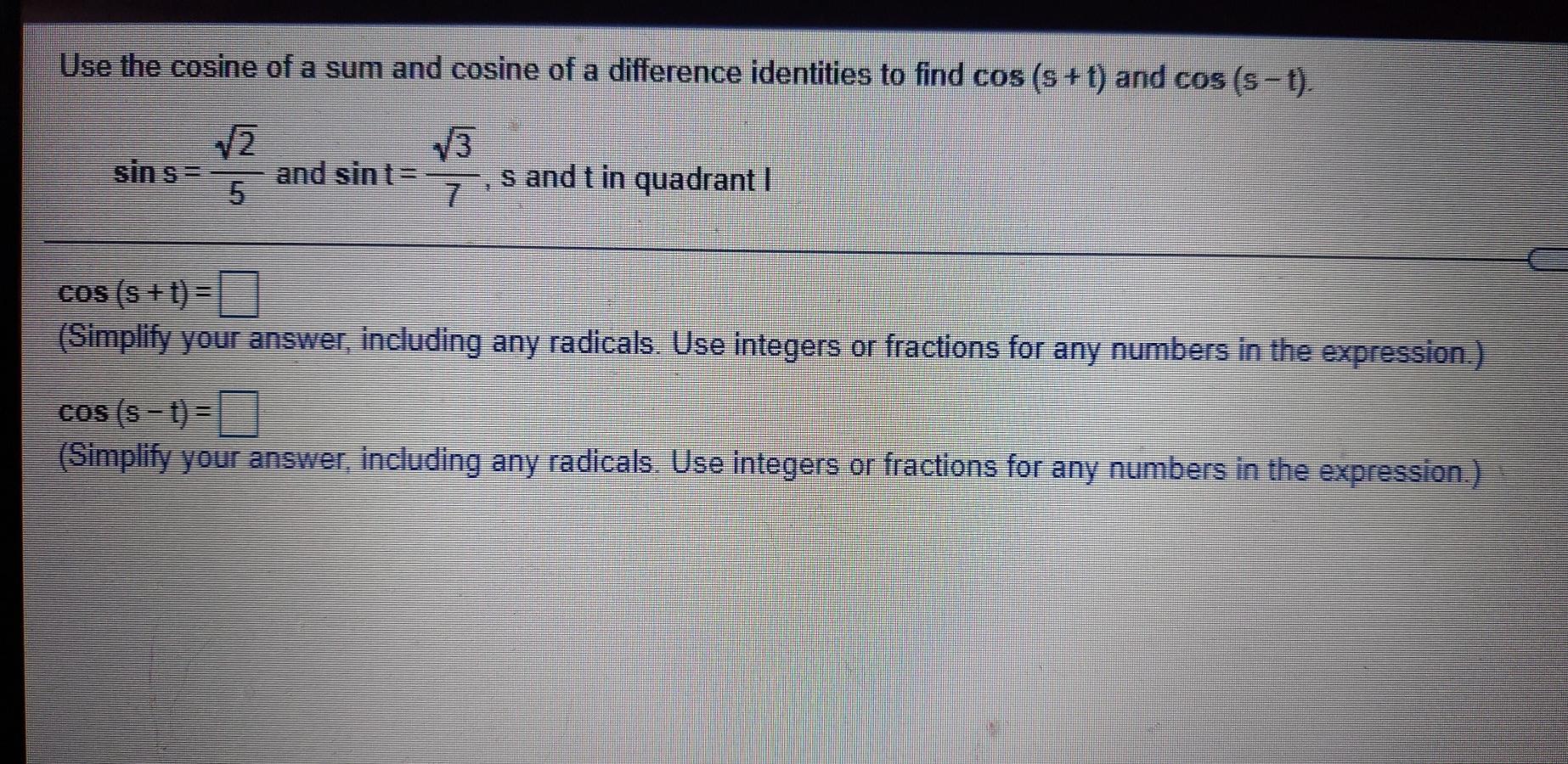 Solved Use the cosine of a sum and cosine of a difference | Chegg.com