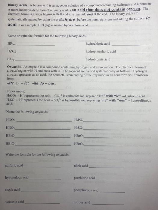 Binary Acids. A binary acid is an aqueous solution of | Chegg.com