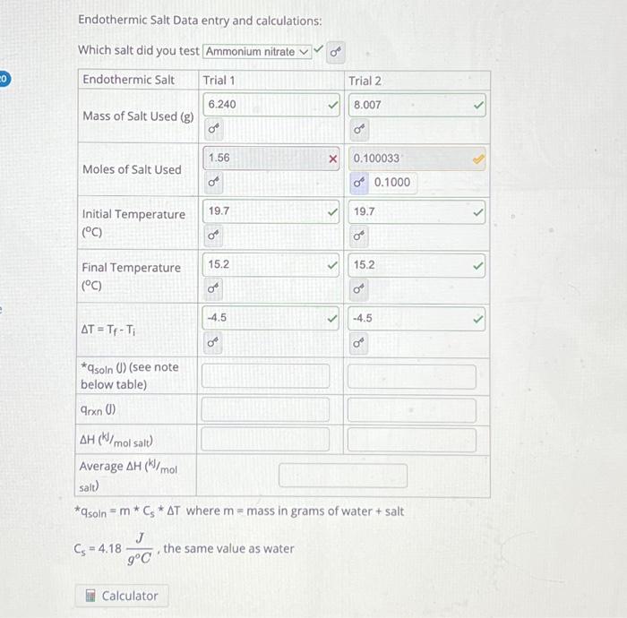 CO Endothermic Salt Data entry and calculations: | Chegg.com