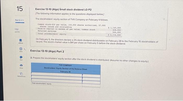Solved Exercise 13-10 (Algo) Small stock dividend LO P2 [The | Chegg.com
