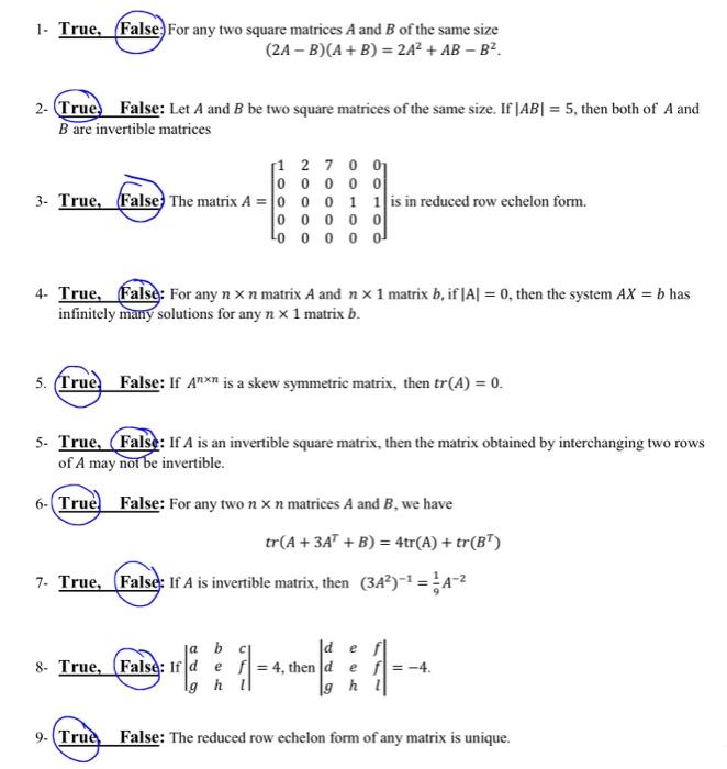 Solved 1- True, False. For any two square matrices A and B | Chegg.com