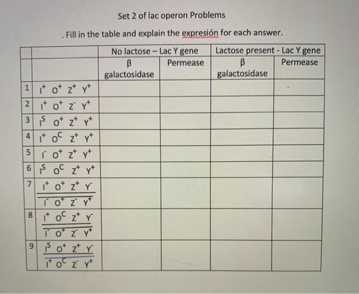 Solved Set 2 of lac operon Problems .Fill in the table and | Chegg.com