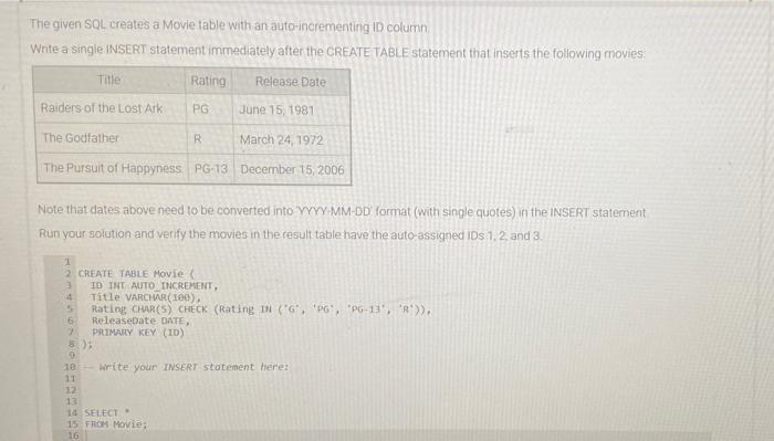 Solved The given SQL. creates a Movie table with an | Chegg.com Solved The given SQL. creates a Movie table with an | Chegg.com