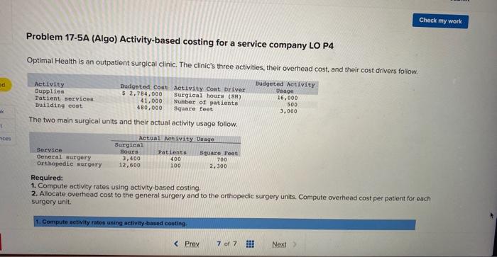 Solved Problem 17 5a Algo Activity Based Costing For A