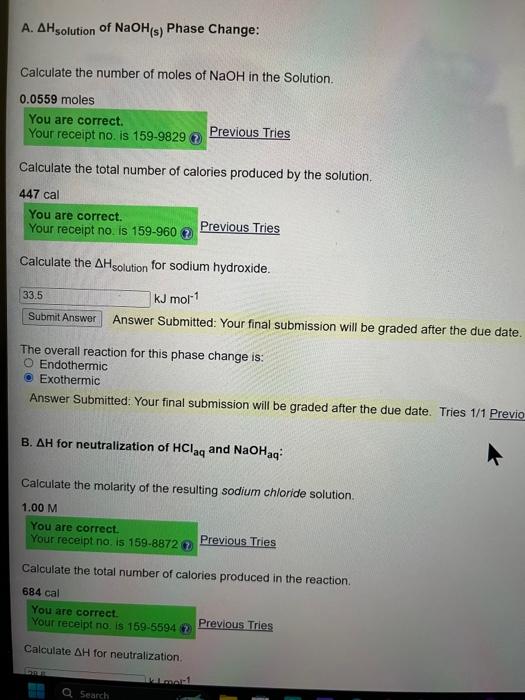Solved A. ΔHsolution of NaOH(s) Phase Change: Calculate the | Chegg.com