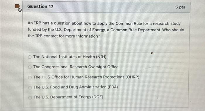 Solved An IRB has a question about how to apply the Common | Chegg.com