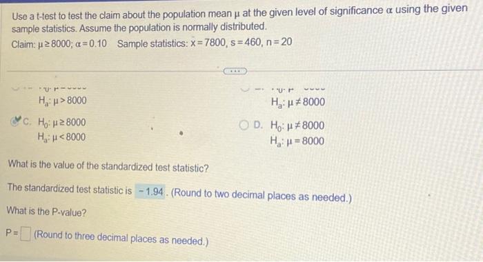 Solved Use a t-lest to test the claim about the population | Chegg.com