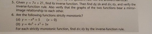 Solved 5. Given y = 7x + 21, find its inverse function. Then | Chegg.com