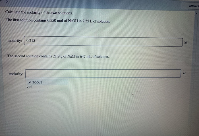 Solved Attempt Calculate the molarity of the two solutions. | Chegg.com