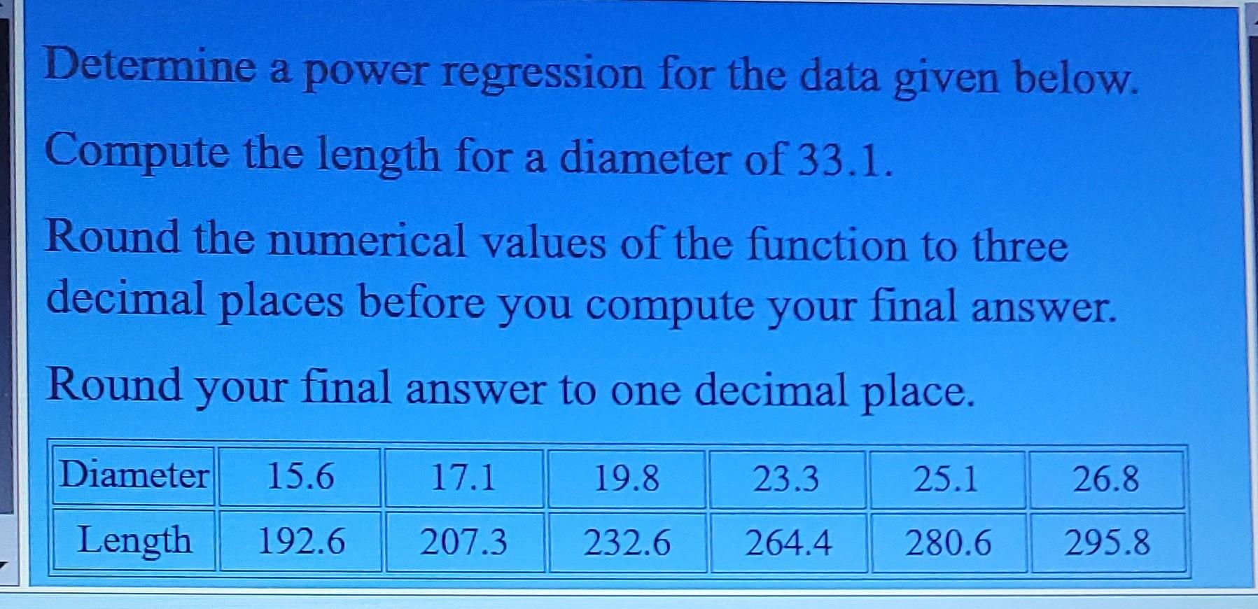 Solved Determine a power regression for the data given | Chegg.com