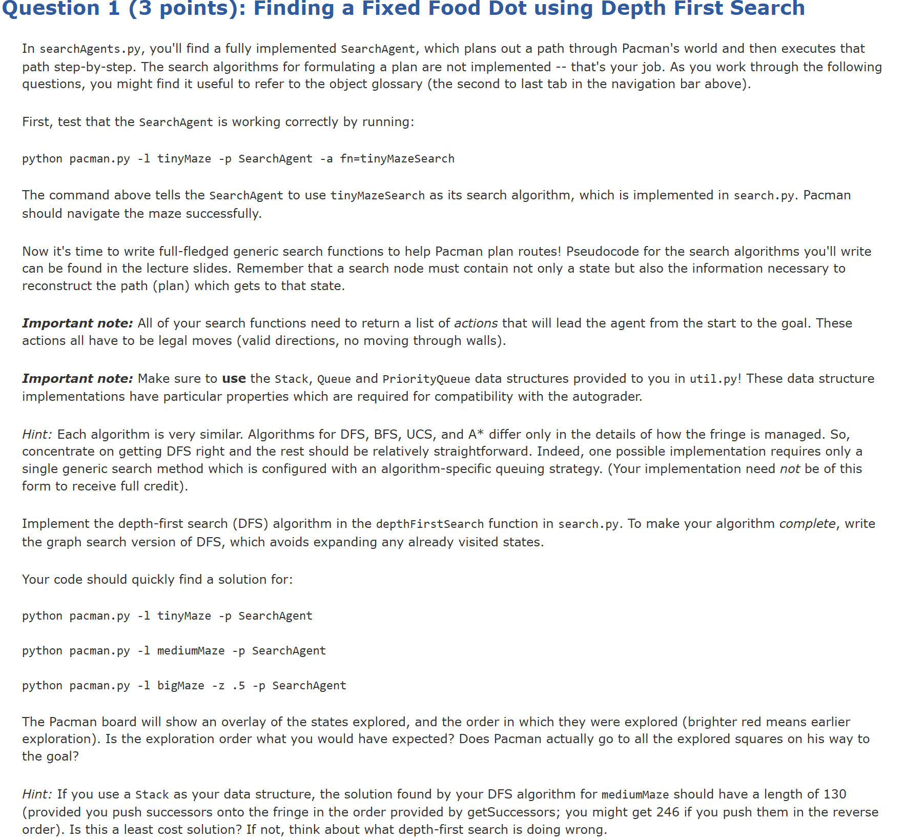 Solved Question 1 (3 ﻿points): Finding a Fixed Food Dot | Chegg.com