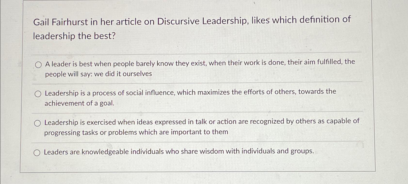 Solved Gail Fairhurst in her article on Discursive | Chegg.com