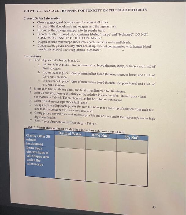 ACTIVITY 3- ANALYZE THE EFFECT OF TONICITY ON | Chegg.com
