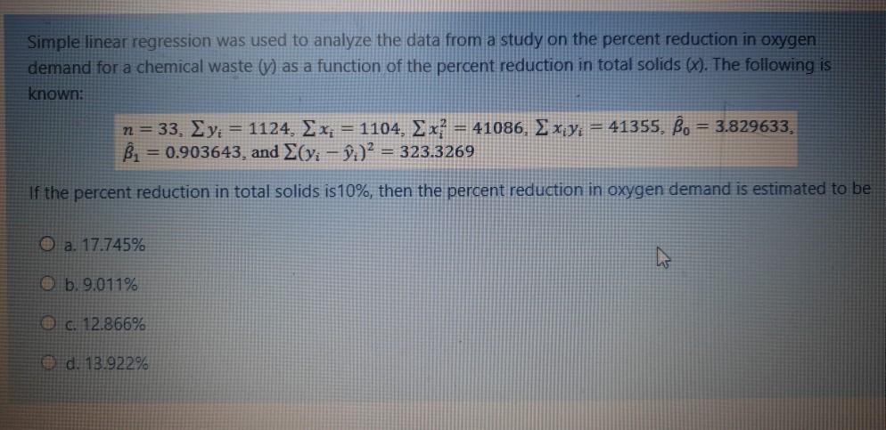 Solved Simple linear regression was used to analyze the data | Chegg.com
