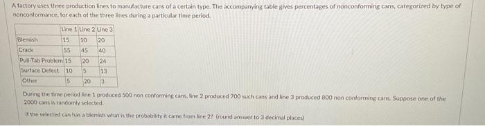 Solved A factory uses three production lines to manufacture | Chegg.com
