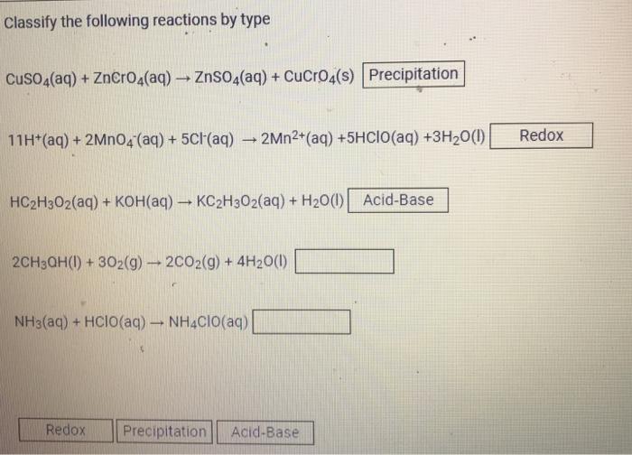 Solved Classify the following reactions by type CuSO4(aq) + | Chegg.com