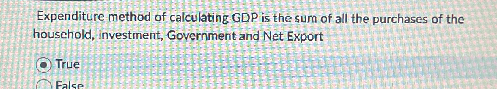 Solved Expenditure method of calculating GDP is the sum of | Chegg.com