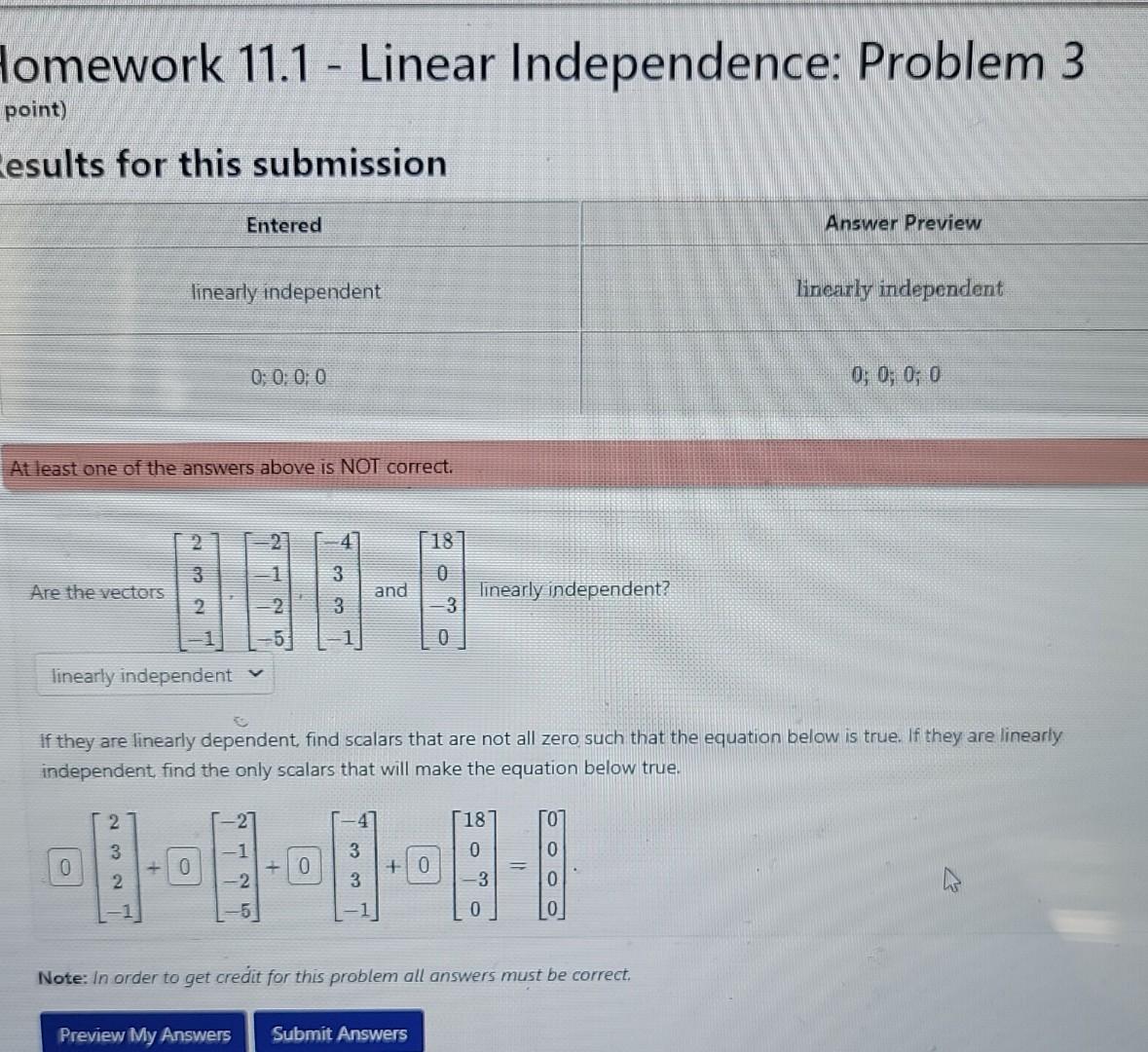 Solved omework 11.1 - Linear Independence: Problem 3 point) | Chegg.com